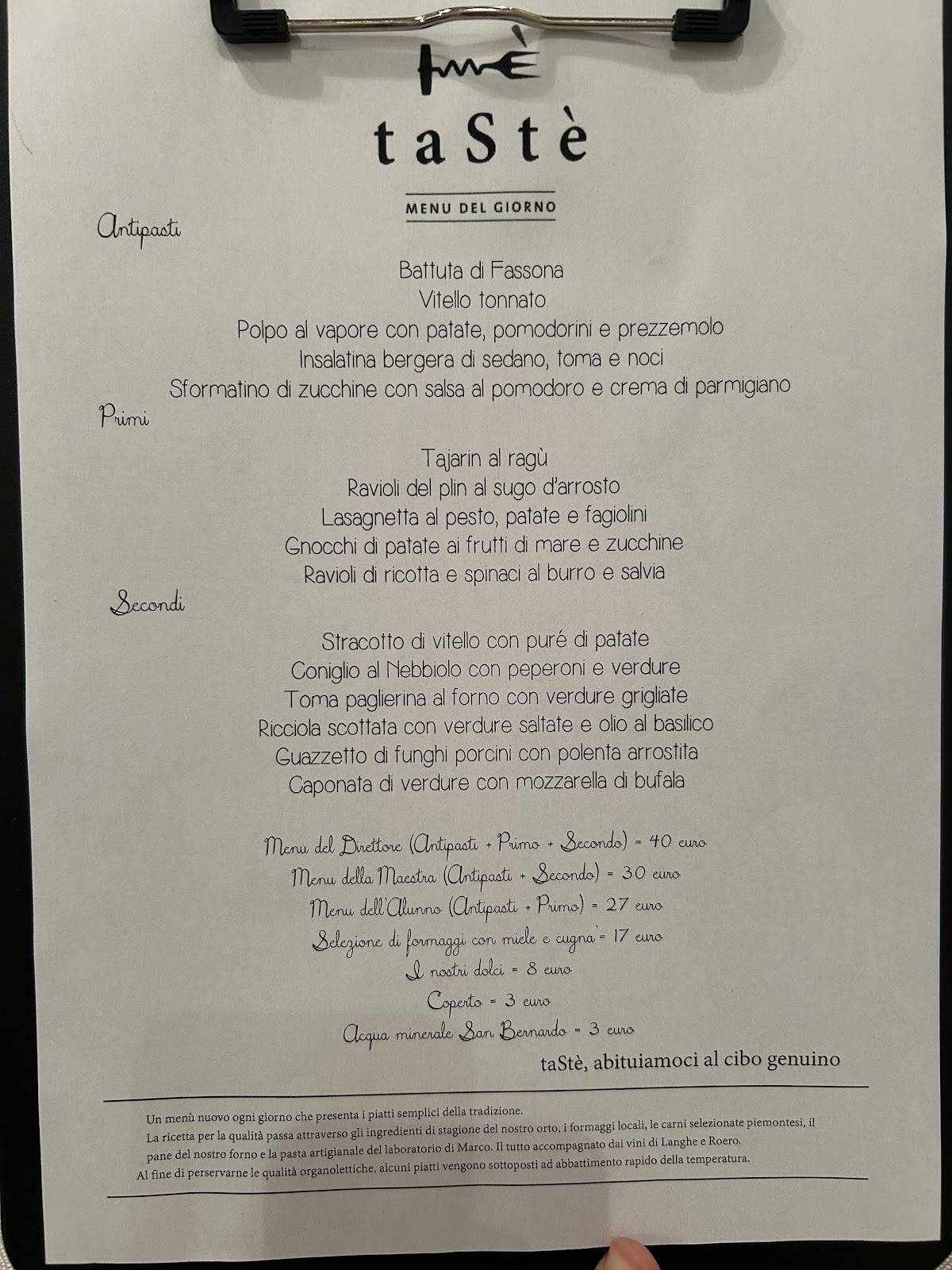 Menu at Osteria taStè restaurant, Barbaresco