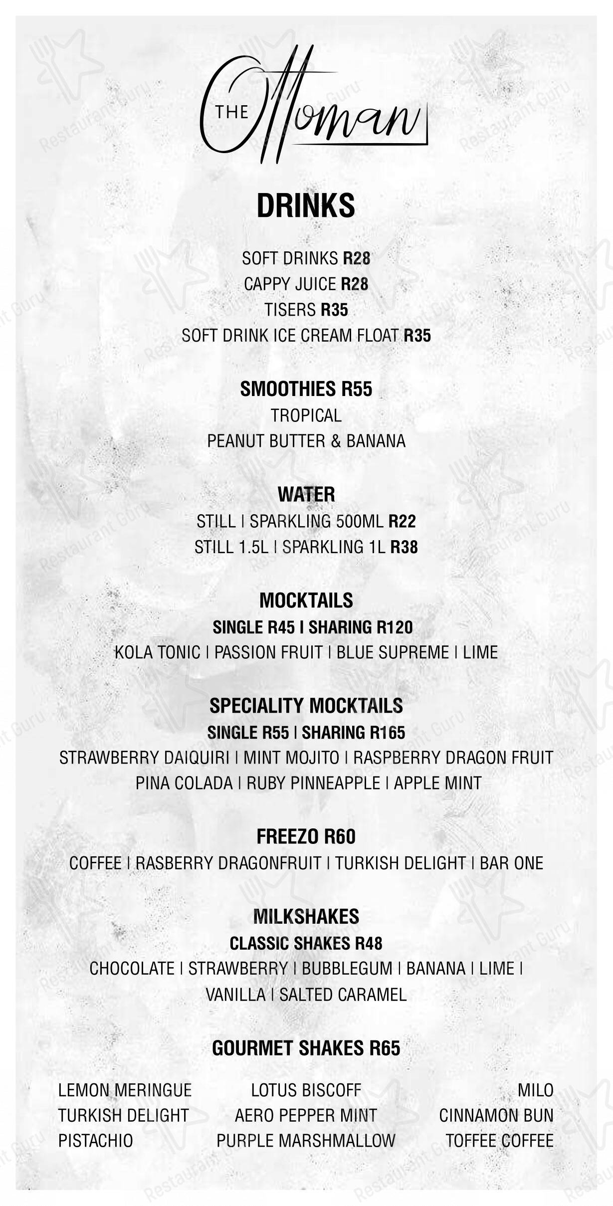 Menu at Otto's Cafe, Cape Town