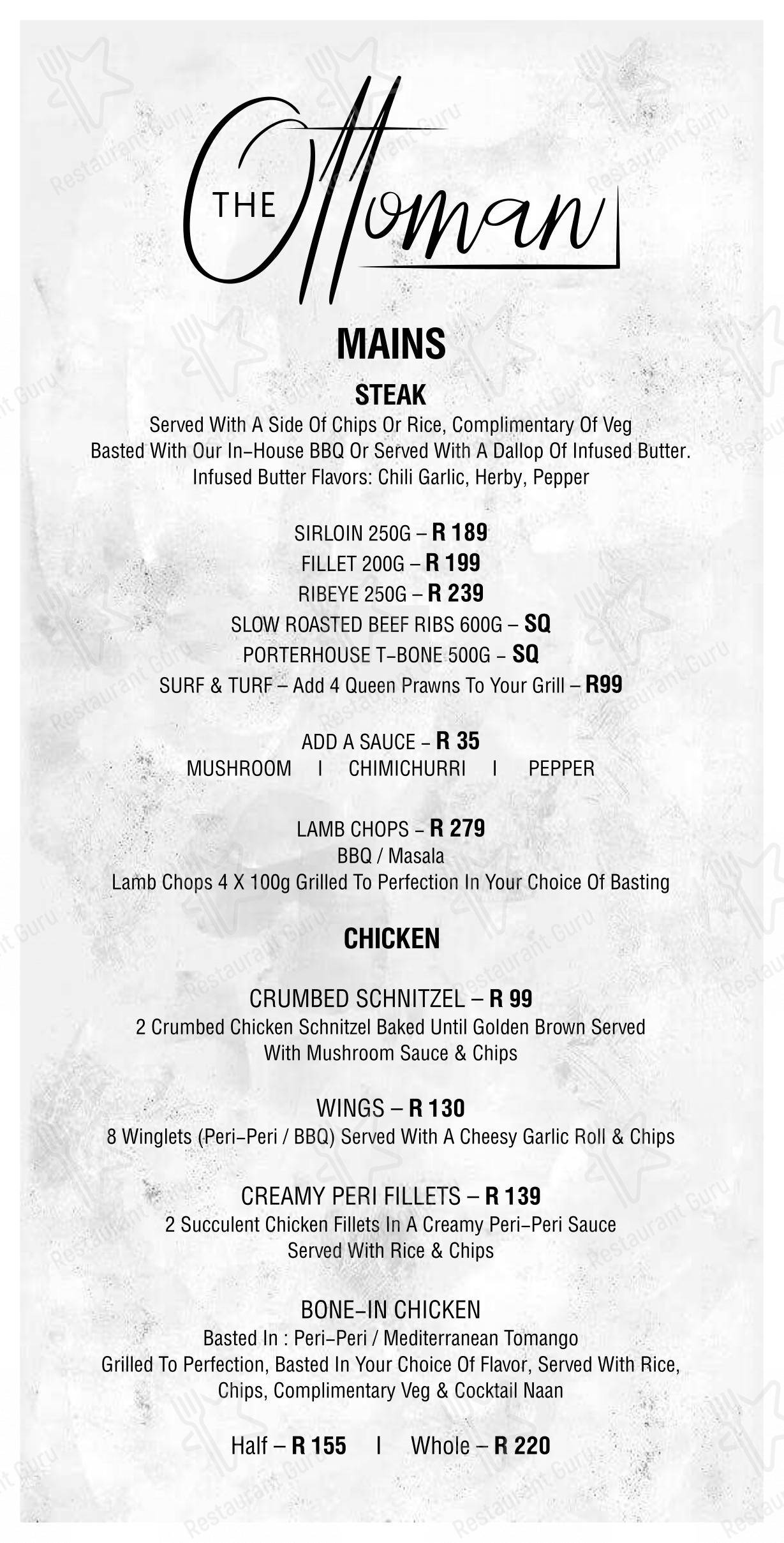 Menu at Otto's Cafe, Cape Town