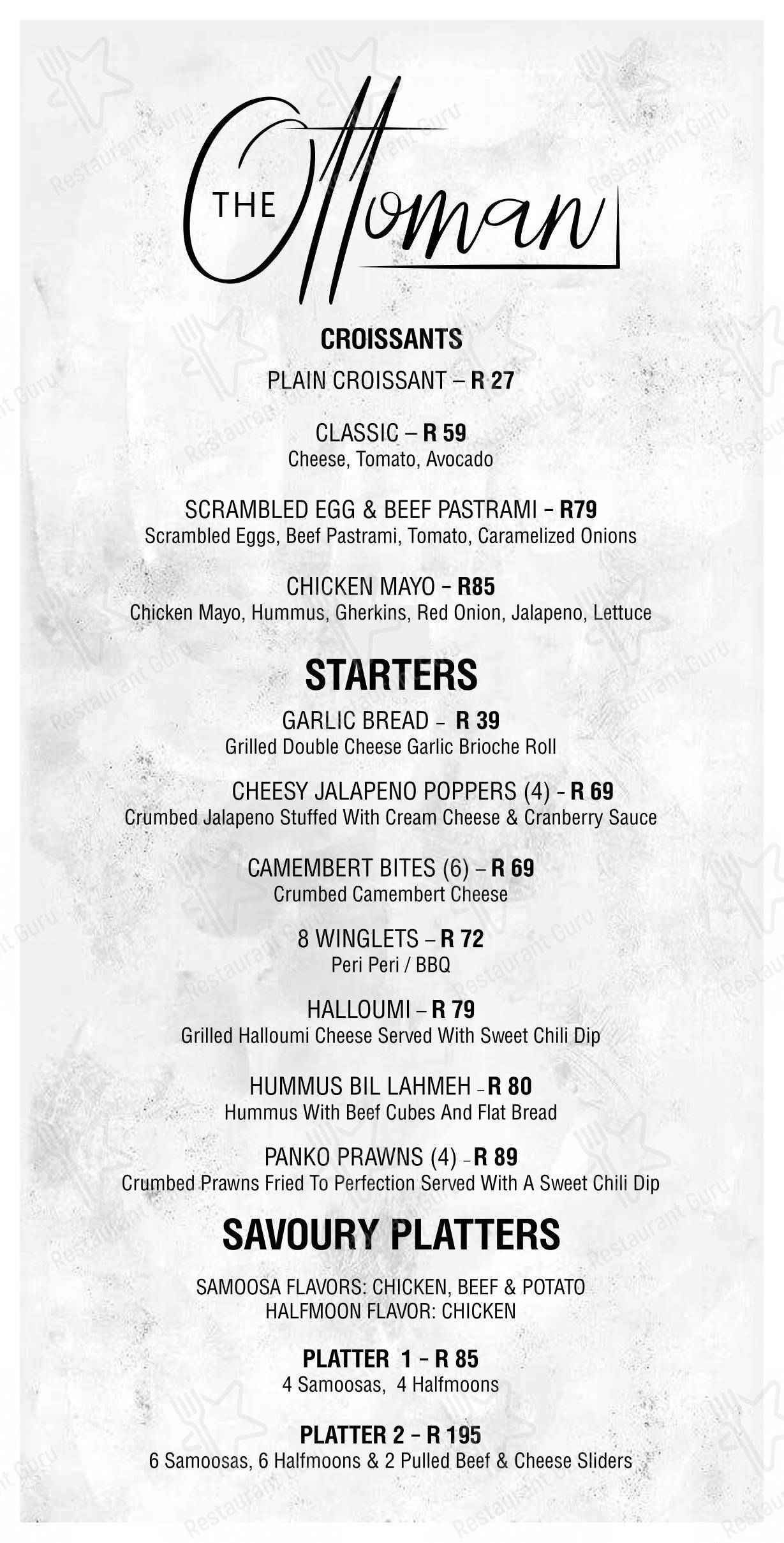 Menu at Otto's Cafe, Cape Town