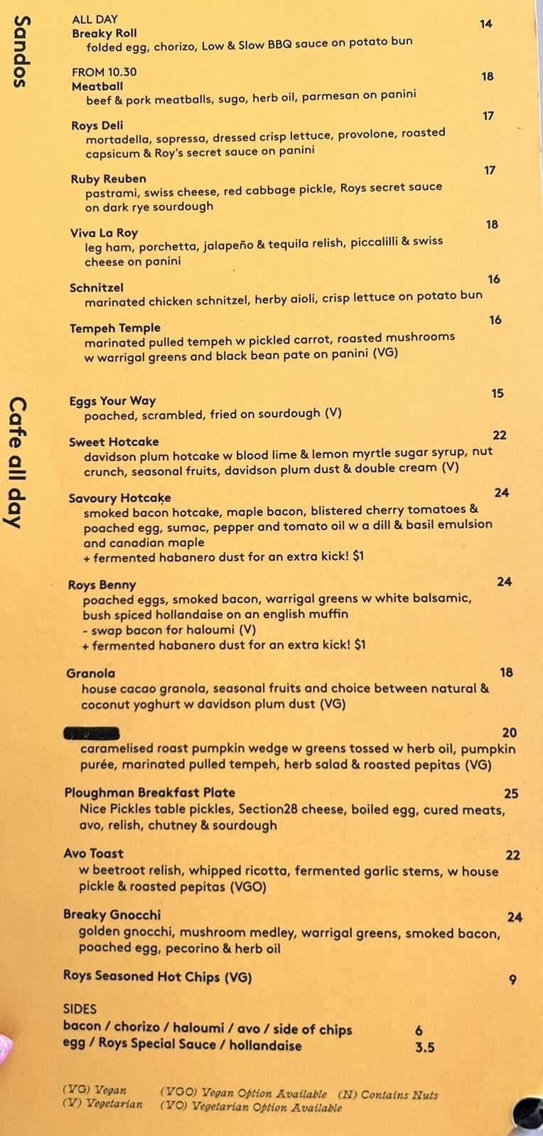 Menu at Our Boy Roy cafe, Clarence Park