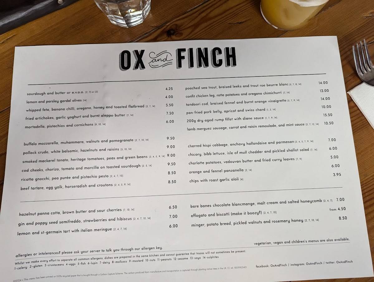 Menu at Ox and Finch restaurant, Glasgow, 920 Sauchiehall St