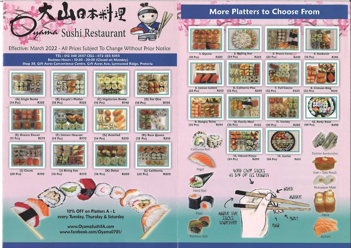 Menu at Oyama Sushi Restaurant, Pretoria