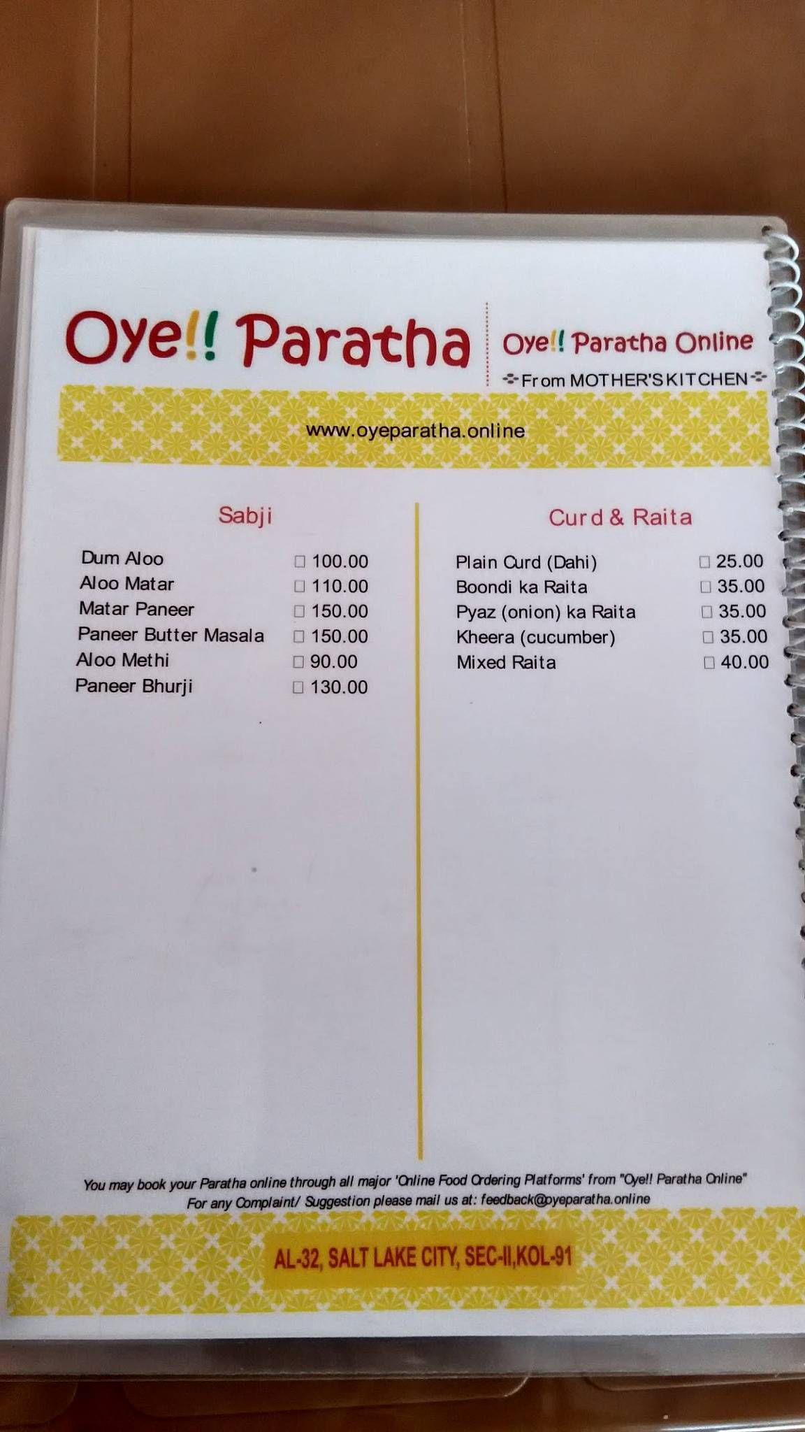 Menu at Oye!! Paratha, Kolkata, AL 32