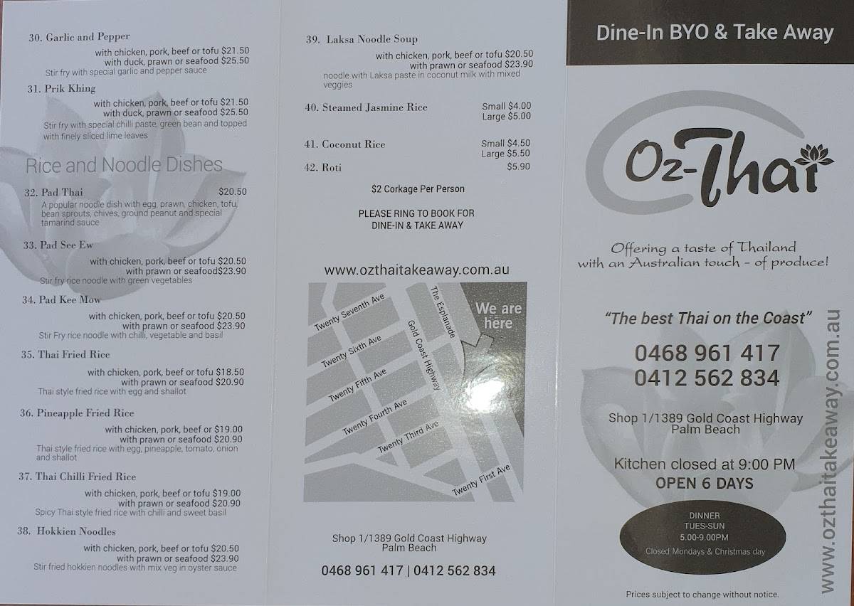Menu at Oz Thai fast food, Palm Beach, 1/1389 Gold Coast Hwy