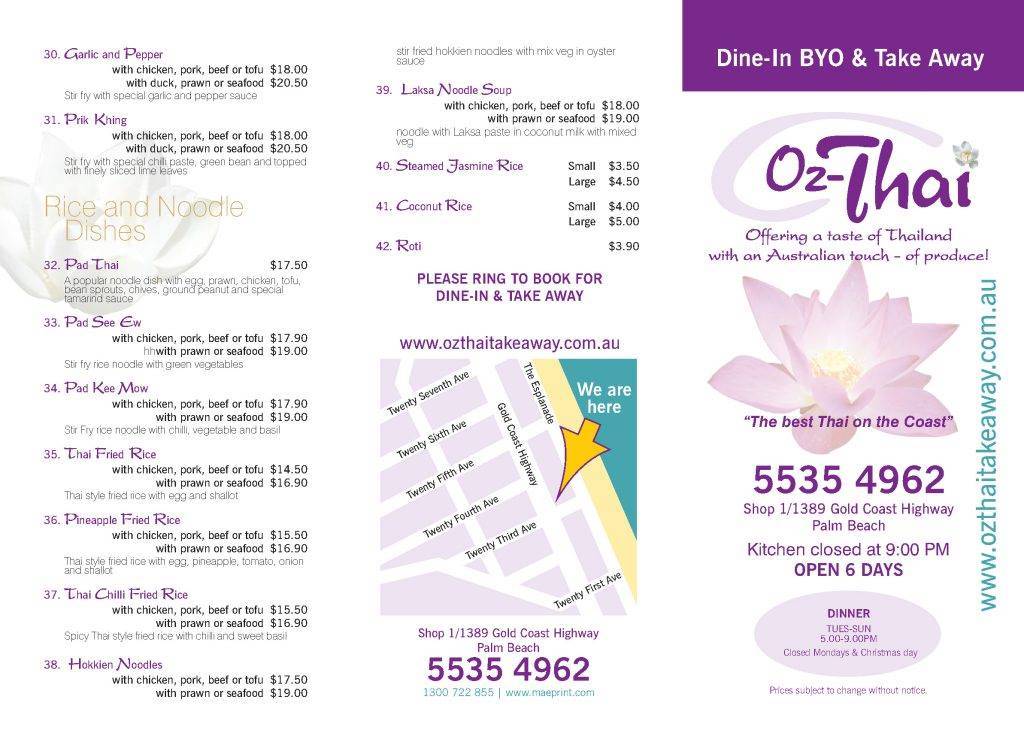 Menu at Oz Thai fast food, Palm Beach, 1/1389 Gold Coast Hwy