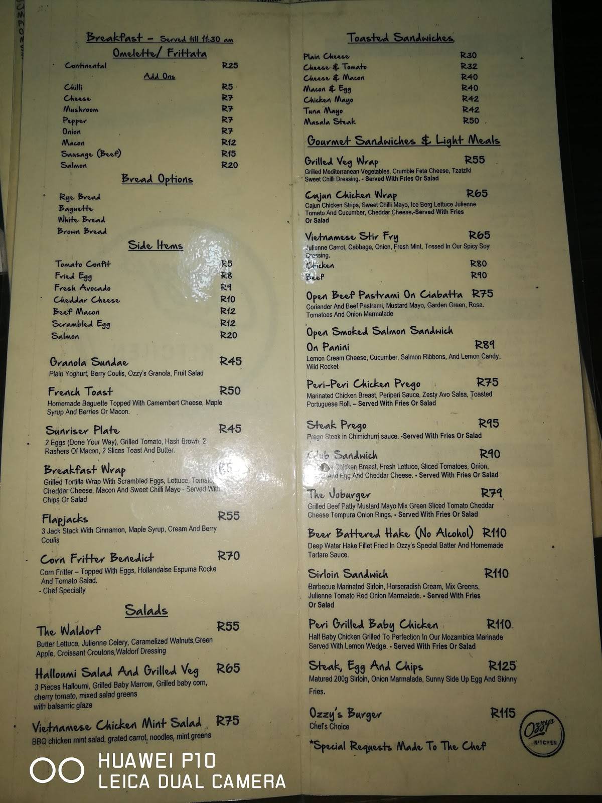 Menu at Ozzy's Kitchen restaurant, Johannesburg