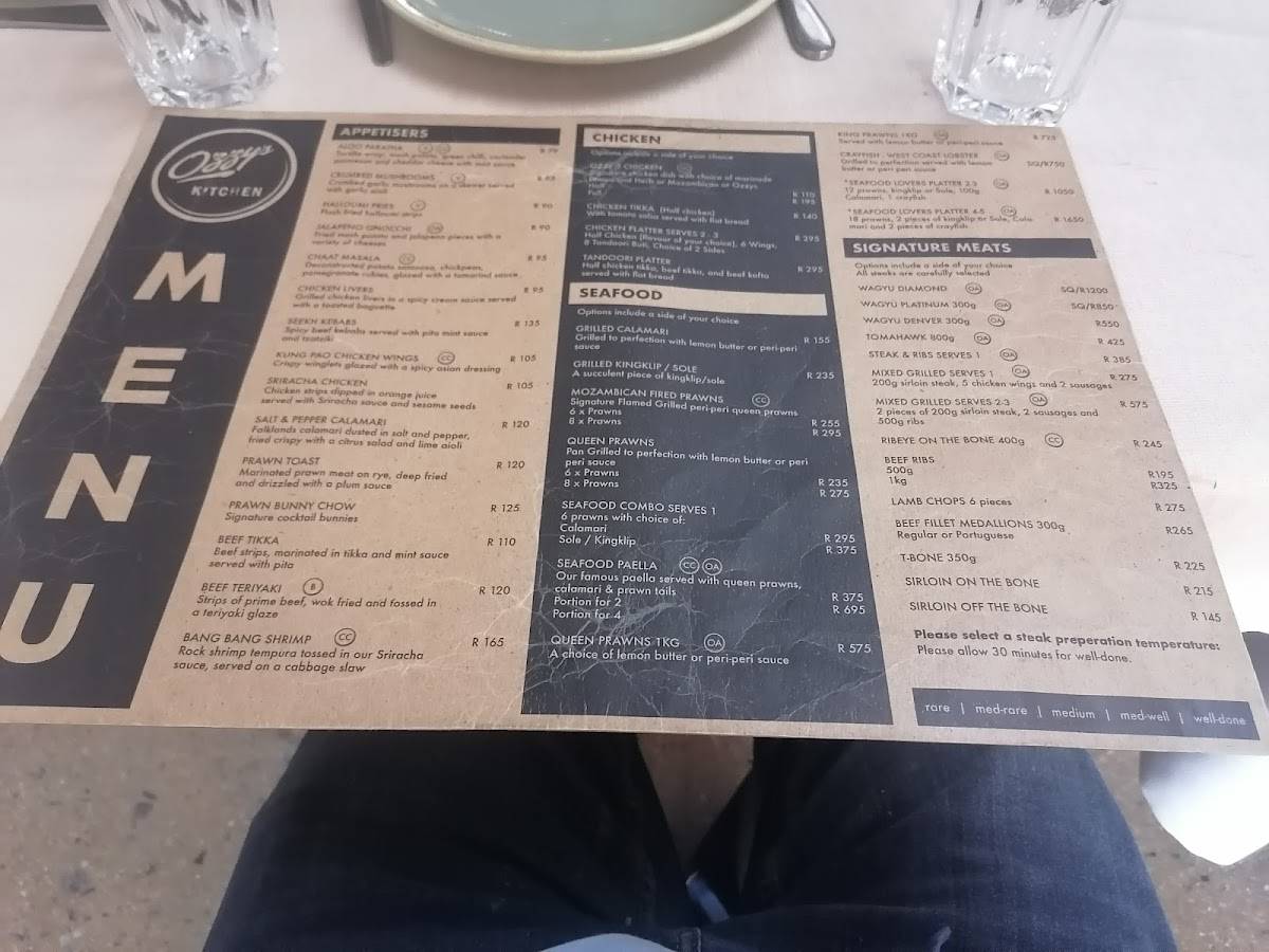 Menu at Ozzy's Kitchen restaurant, Sandton