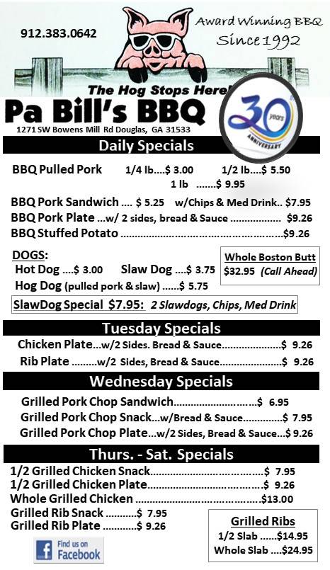 Menu at PA-Bill's BBQ, Douglas