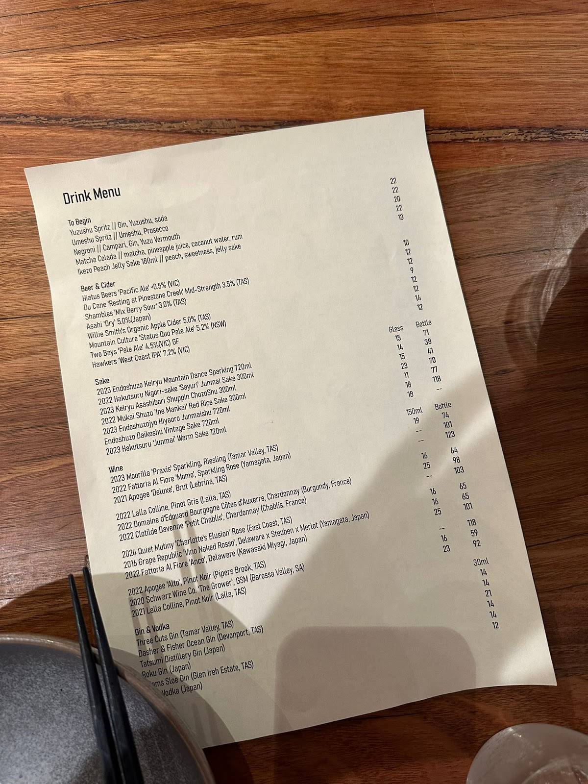 Menu at PACHINKO restaurant, Launceston