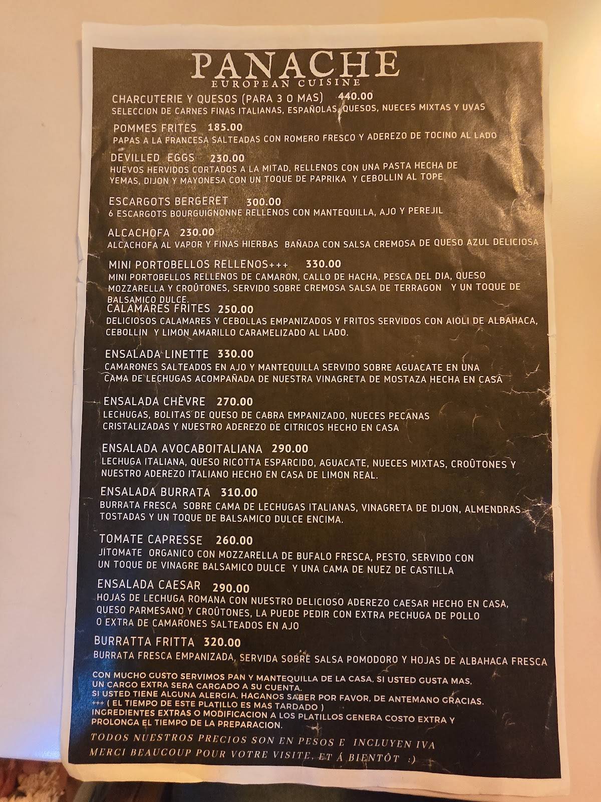 Menu at PANACHE restaurant, Cabo San Lucas