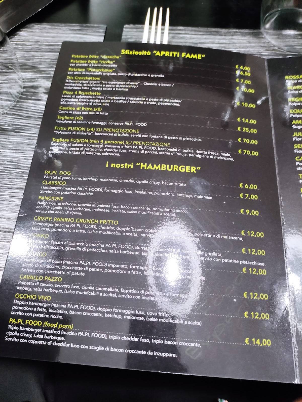 Menu da PAPI food ristorante, Palagonia