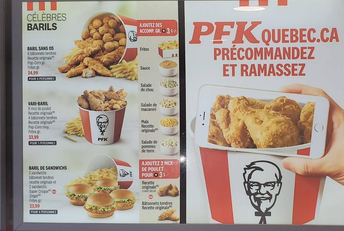 Menu at PFK fast food, Chibougamau