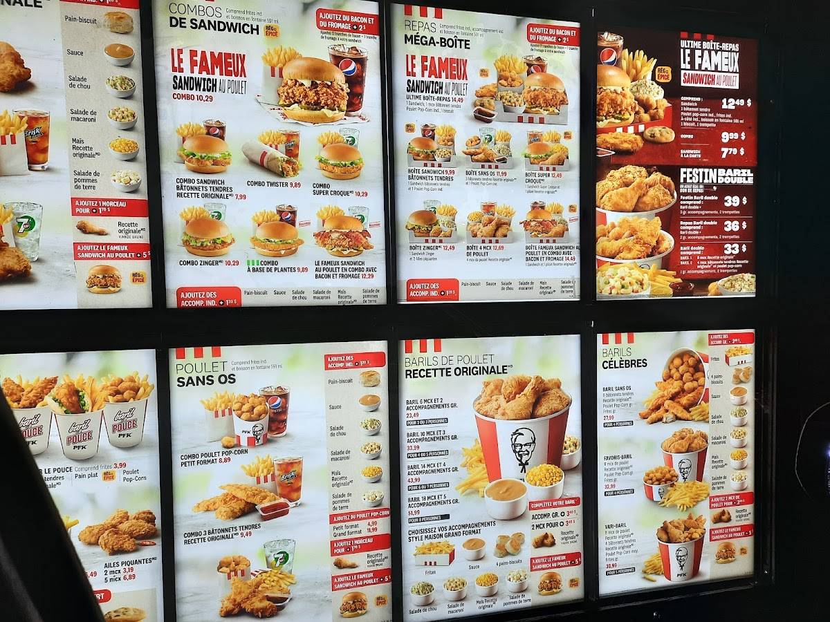 Menu au PFK restaurant, Victoriaville, 620 Bd Jutras E