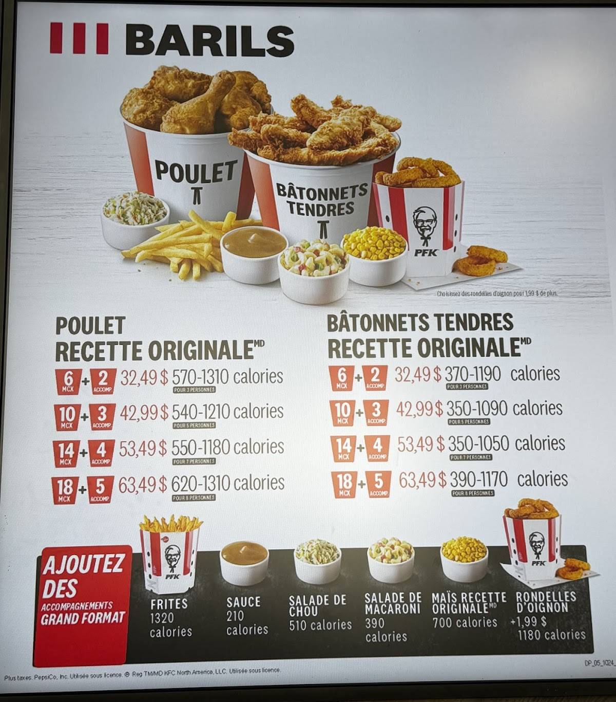 Menu au PFK Ste-Marie fast food, Sainte-Marie