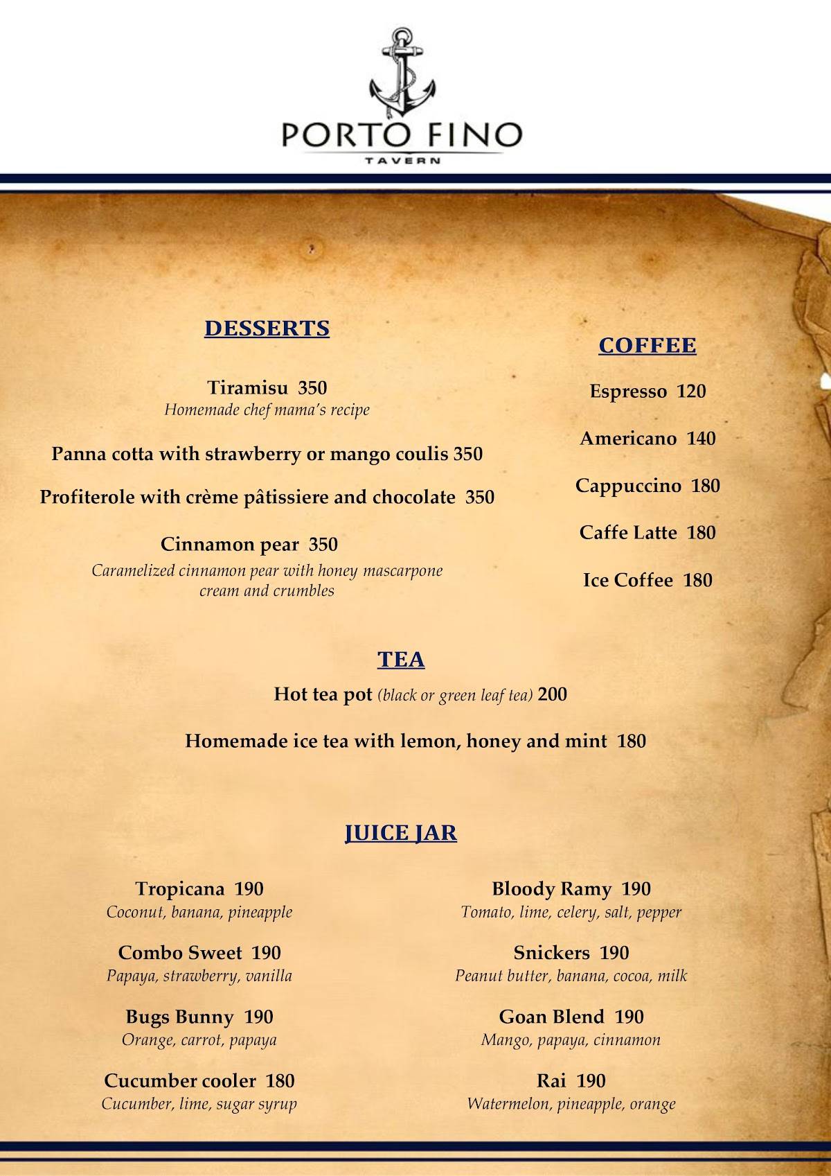 Menu at PORTO FINO TAVERN, Morjim