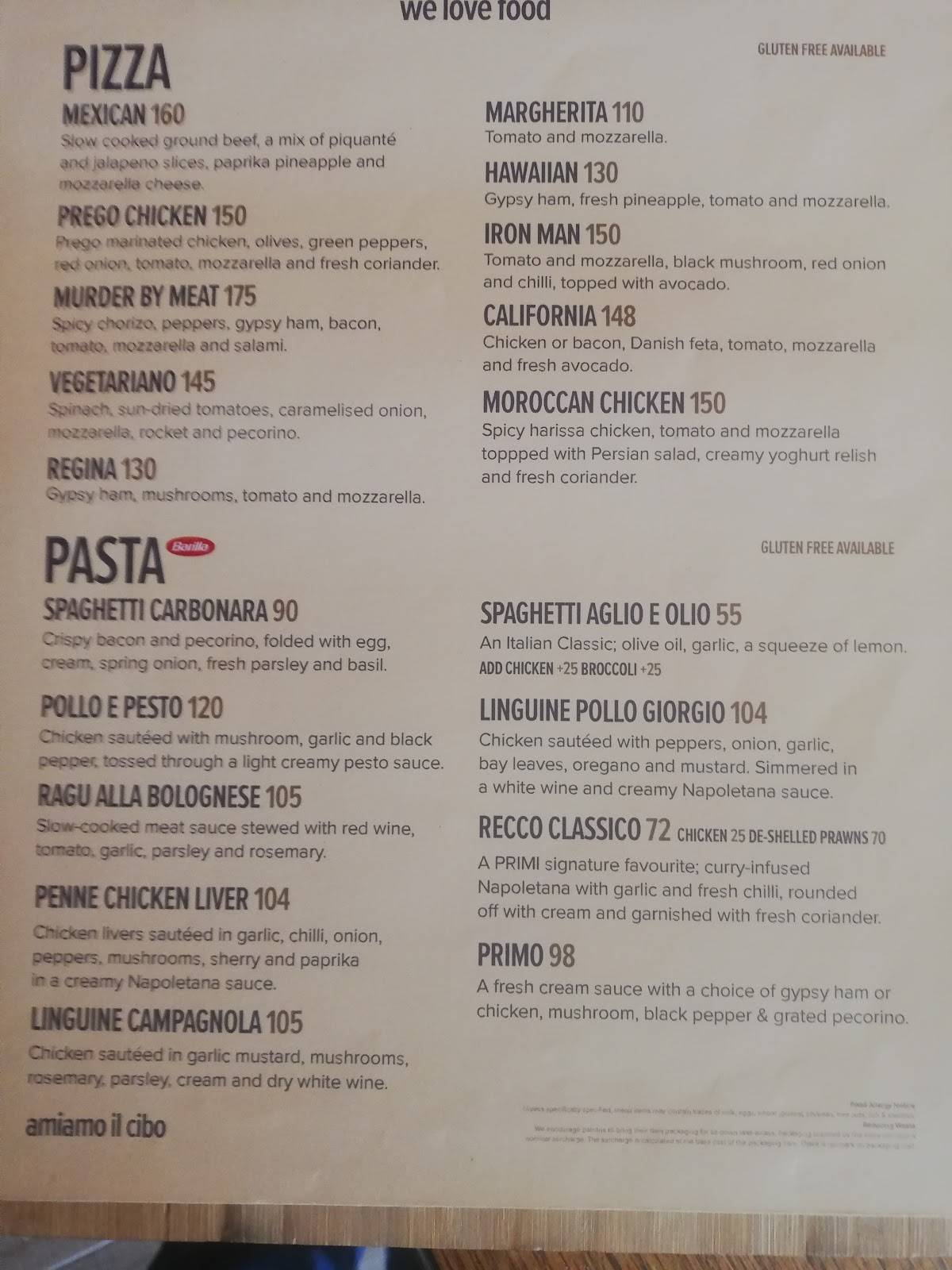 Menu at PRIMI Camps Bay restaurant, Cape Town, Shop 18-21