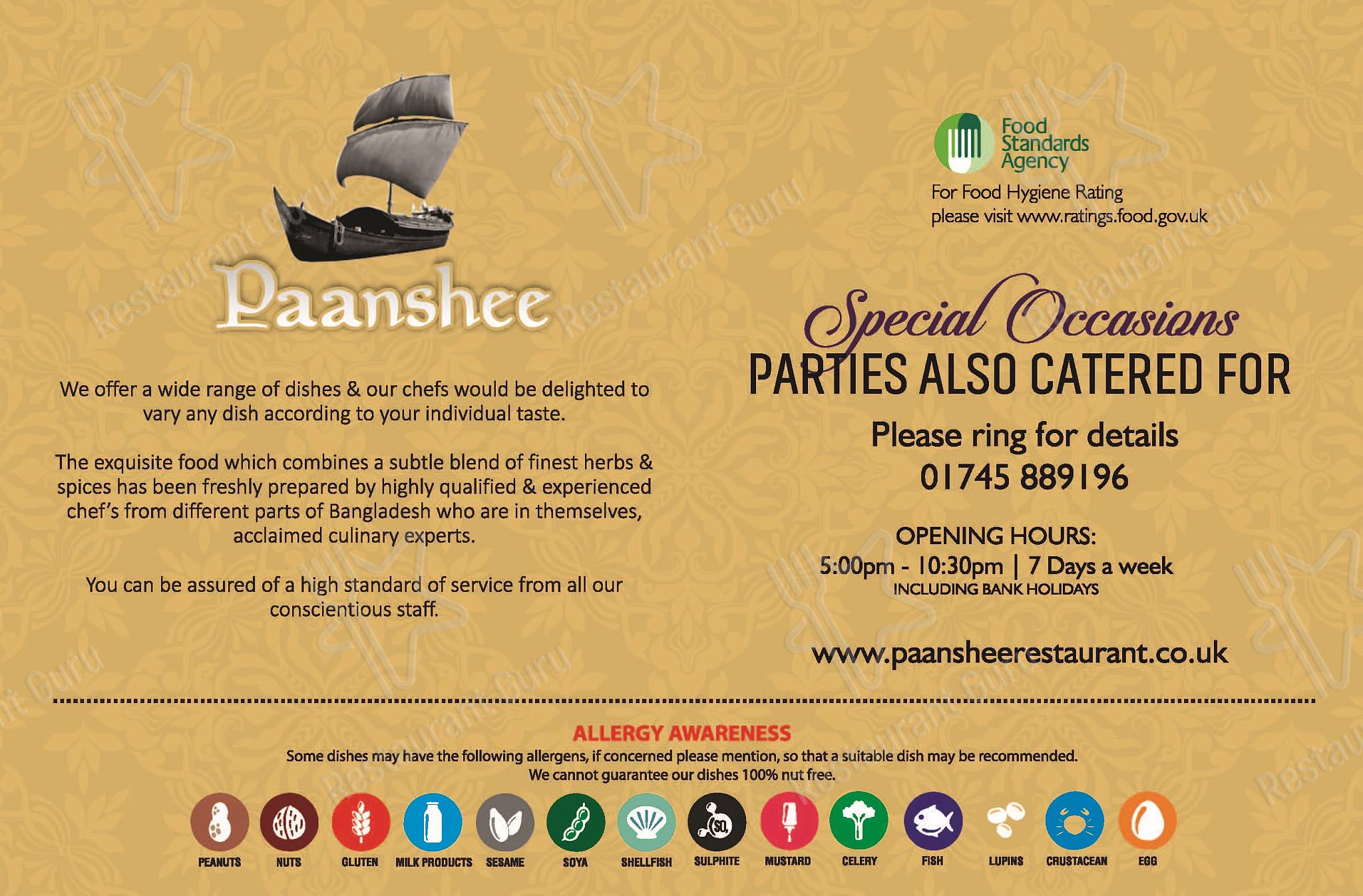 Menu at Paanshee Restaurant, Prestatyn