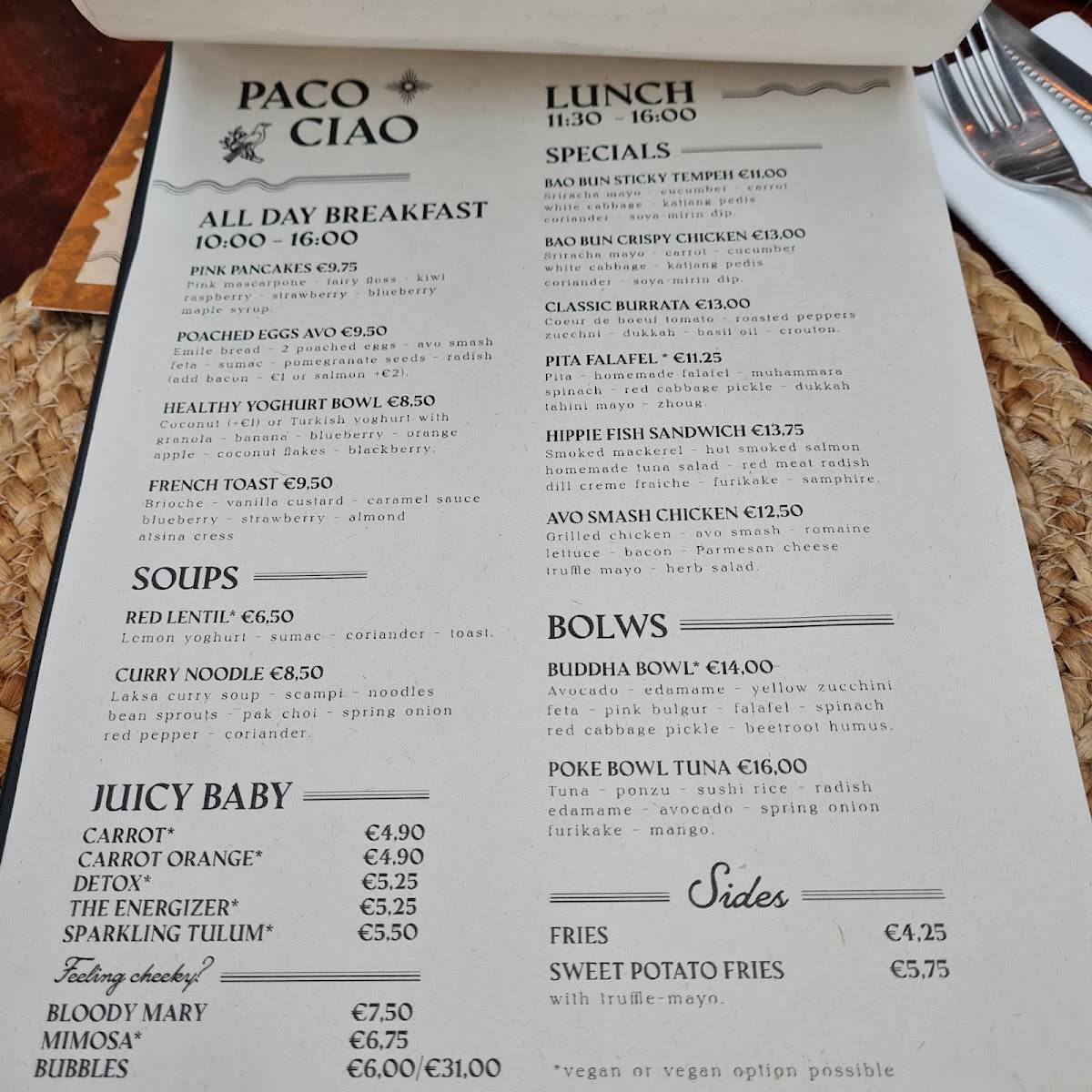 Menu at Paco Ciao, Leiden