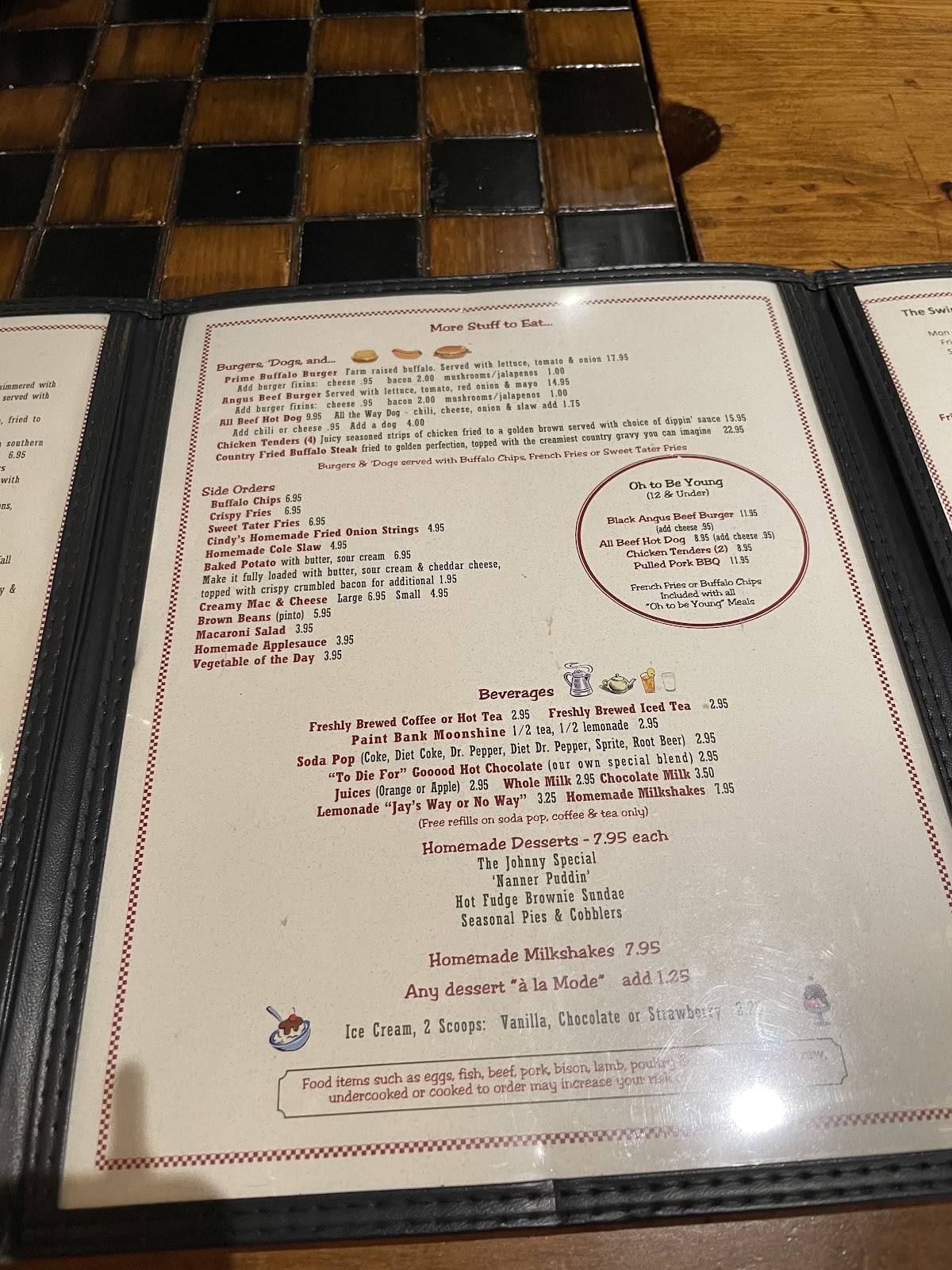 Menu at Swinging Bridge restaurant, Paint Bank