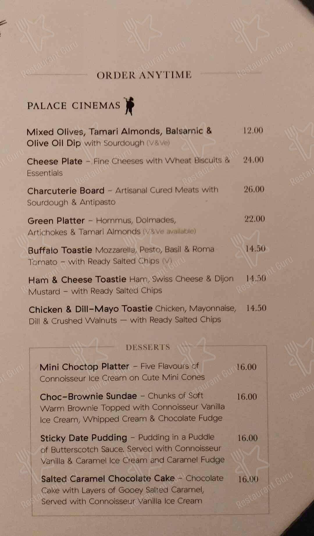 Menu at Palace Central Cinemas cafe, Chippendale
