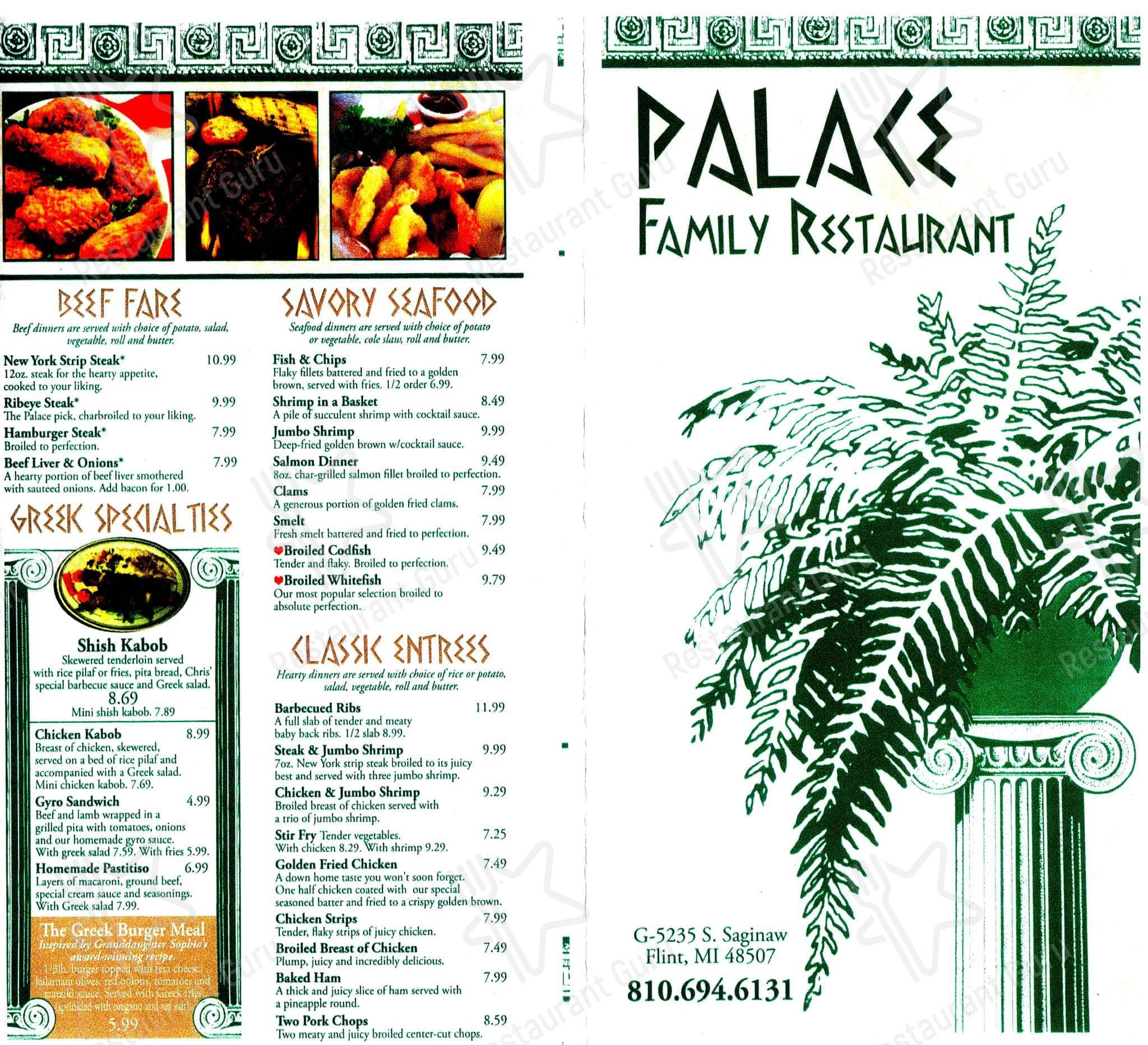 Menu at The Palace Grill restaurant, Flint