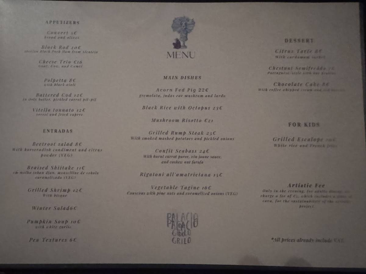 Menu at Palácio dos Duques de Lafões ou do Grilo restaurant, Lisbon
