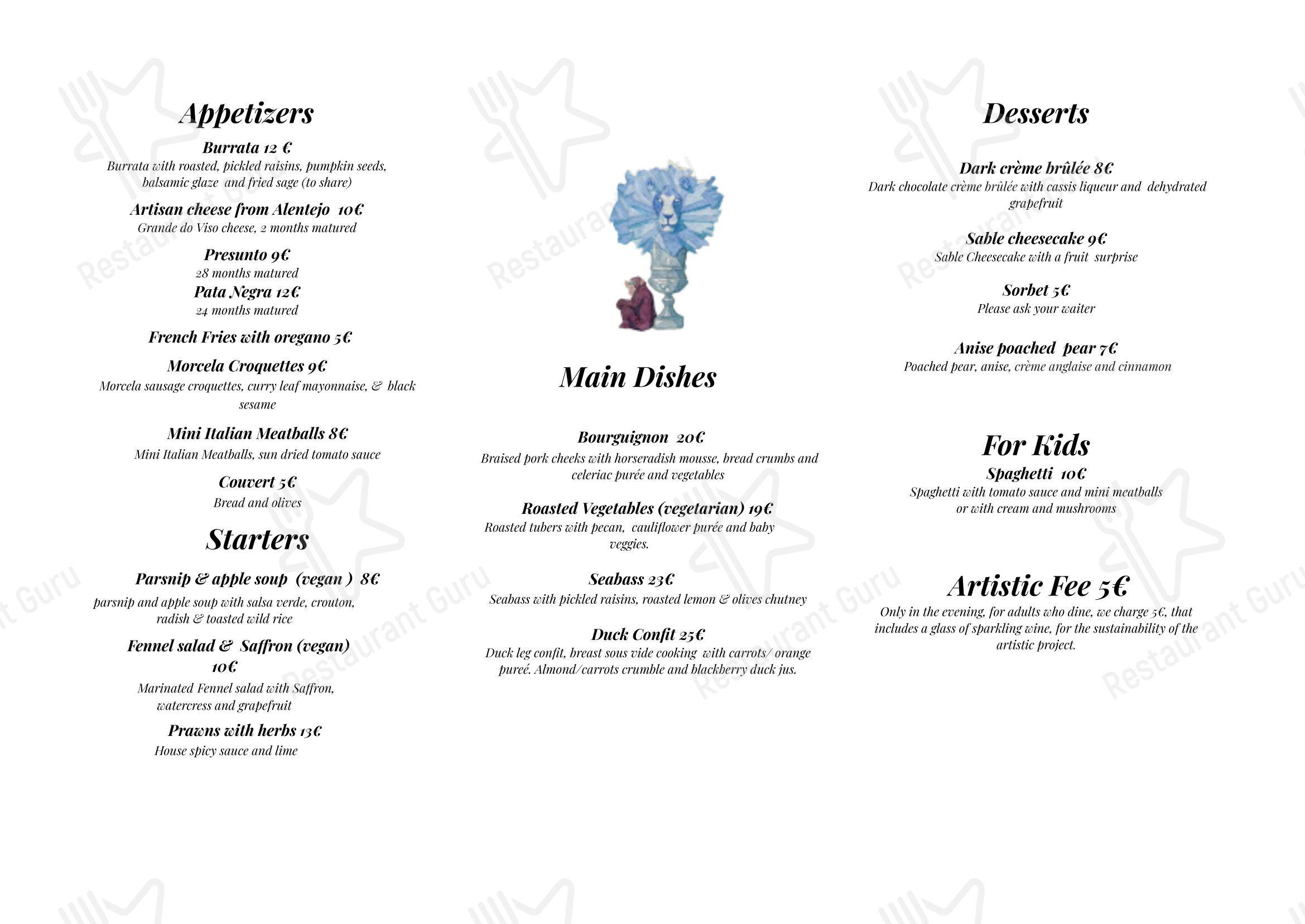 Menu at Palácio dos Duques de Lafões ou do Grilo restaurant, Lisbon