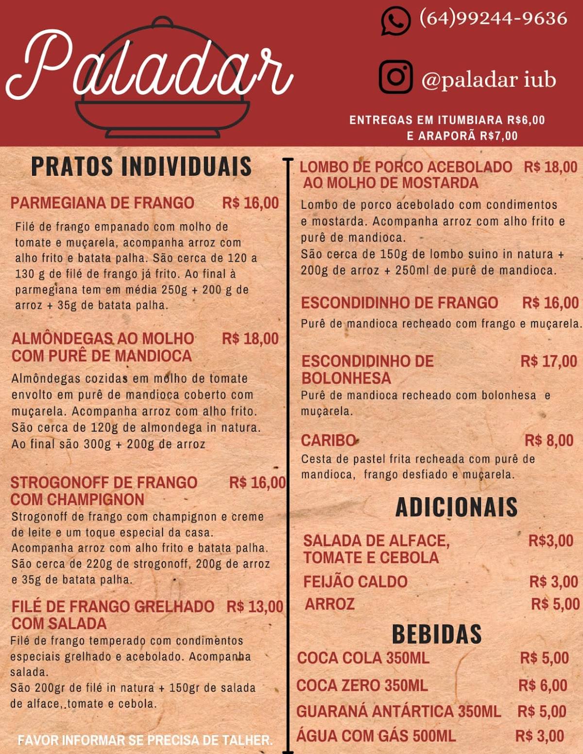Menu em Paladar restaurante, Itumbiara