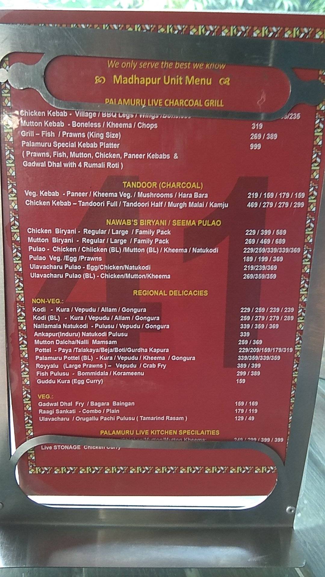 Menu at Palamuru Grill Madhapur, Hyderabad, Opposite Meridian School