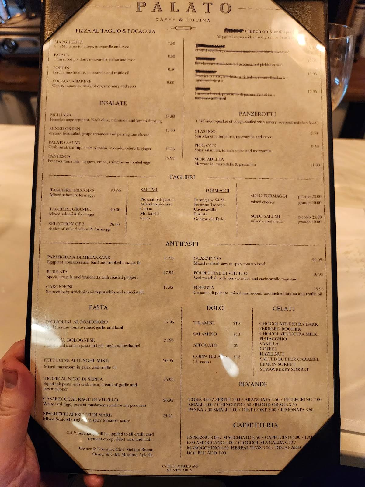 Menu at Palato restaurant, Montclair