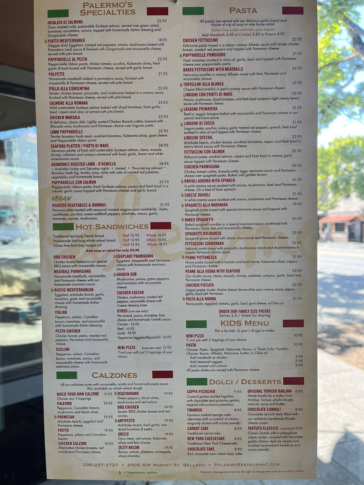 Menu at Palermo-Ballard pizzeria, Seattle, NW Market St