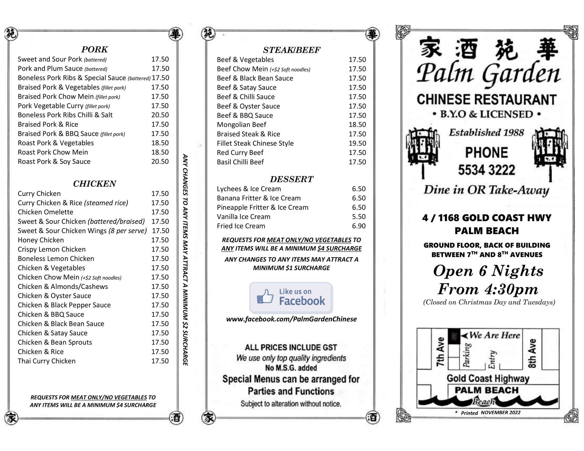 Menu at Palm Garden Chinese Restaurant, Palm Beach