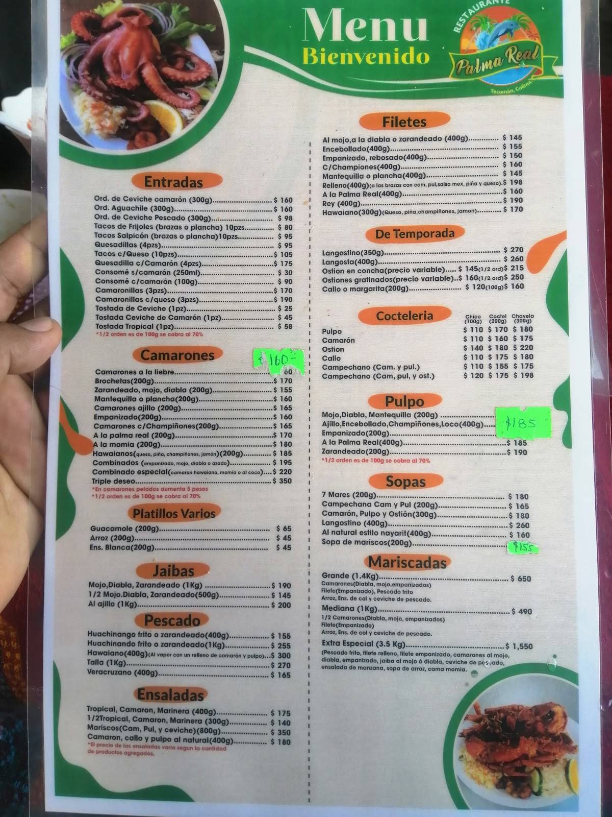 Menu at Palma Real restaurant, Mexico, Colima Tecomán - El Real 265