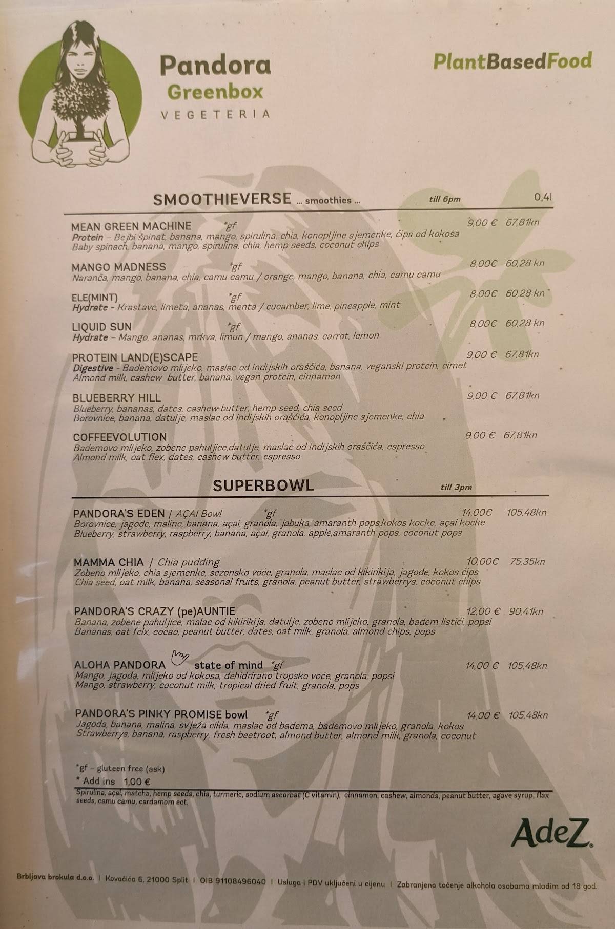 Menu at Pandora Greenbox restaurant, Split