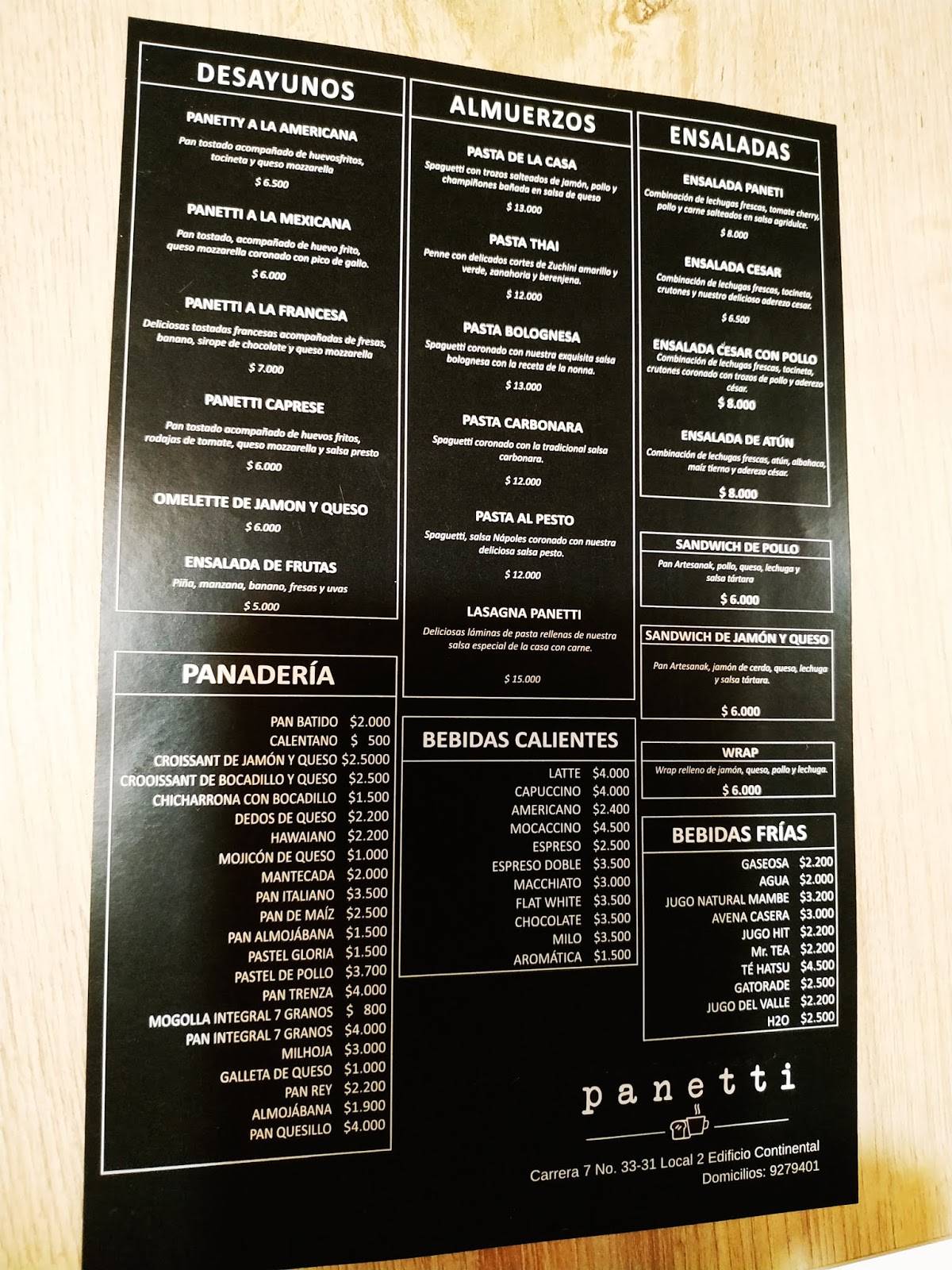 Carta de Panetti Panadería y Café, Bogotá