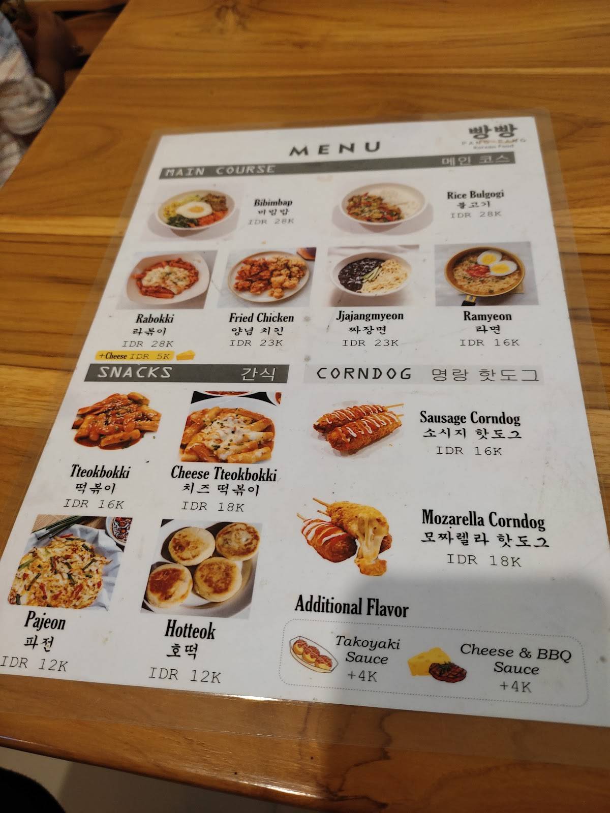 Carta de Pang Pang Korean Cafe, Indonesia
