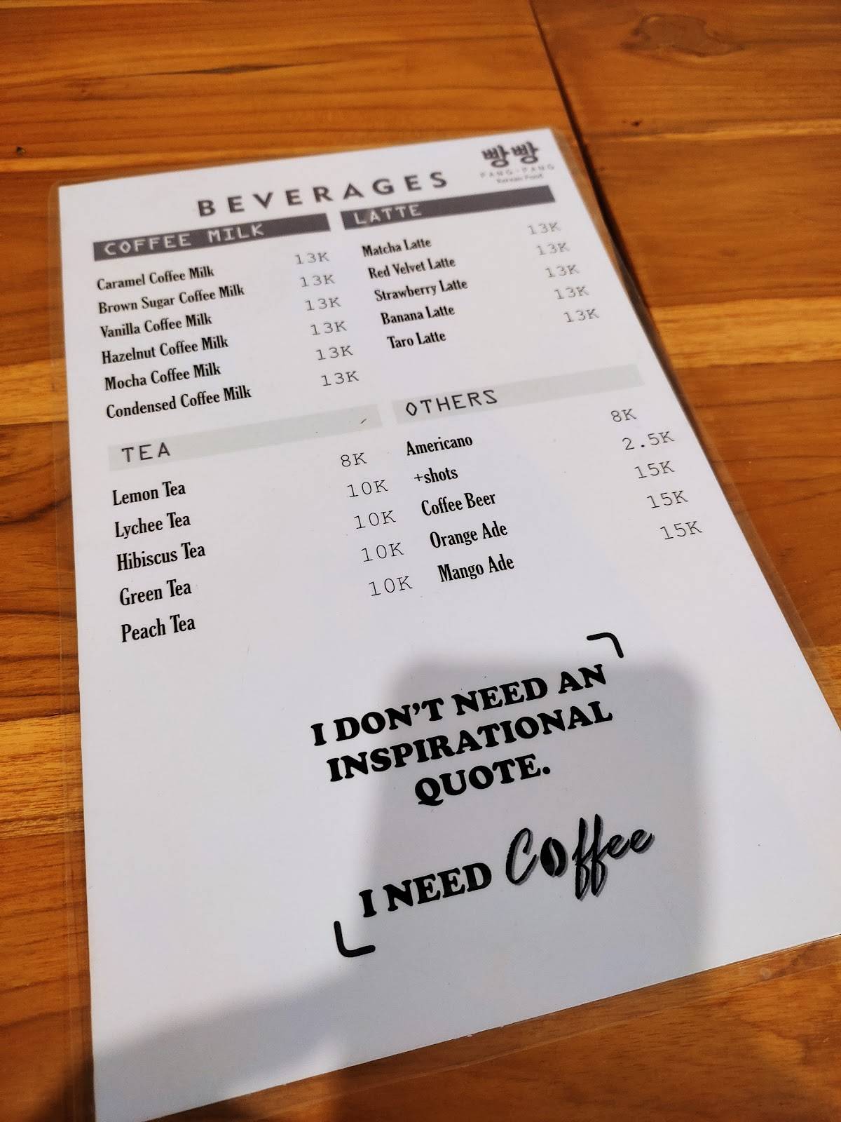 Carta de Pang Pang Korean Cafe, Indonesia