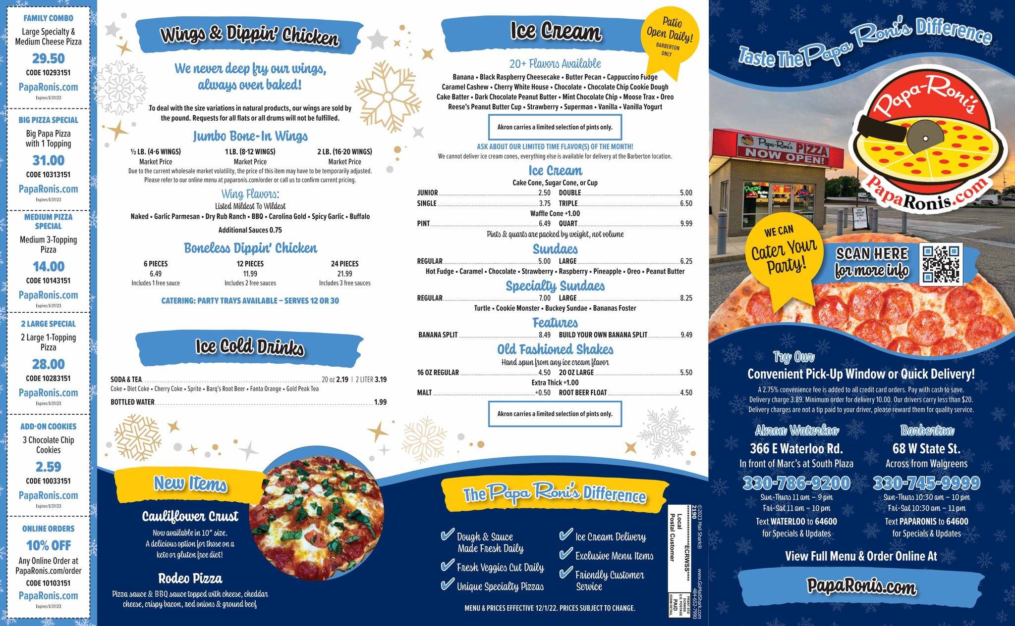 Menu at Papa Roni's Pizza & Ice Cream pizzeria, Barberton