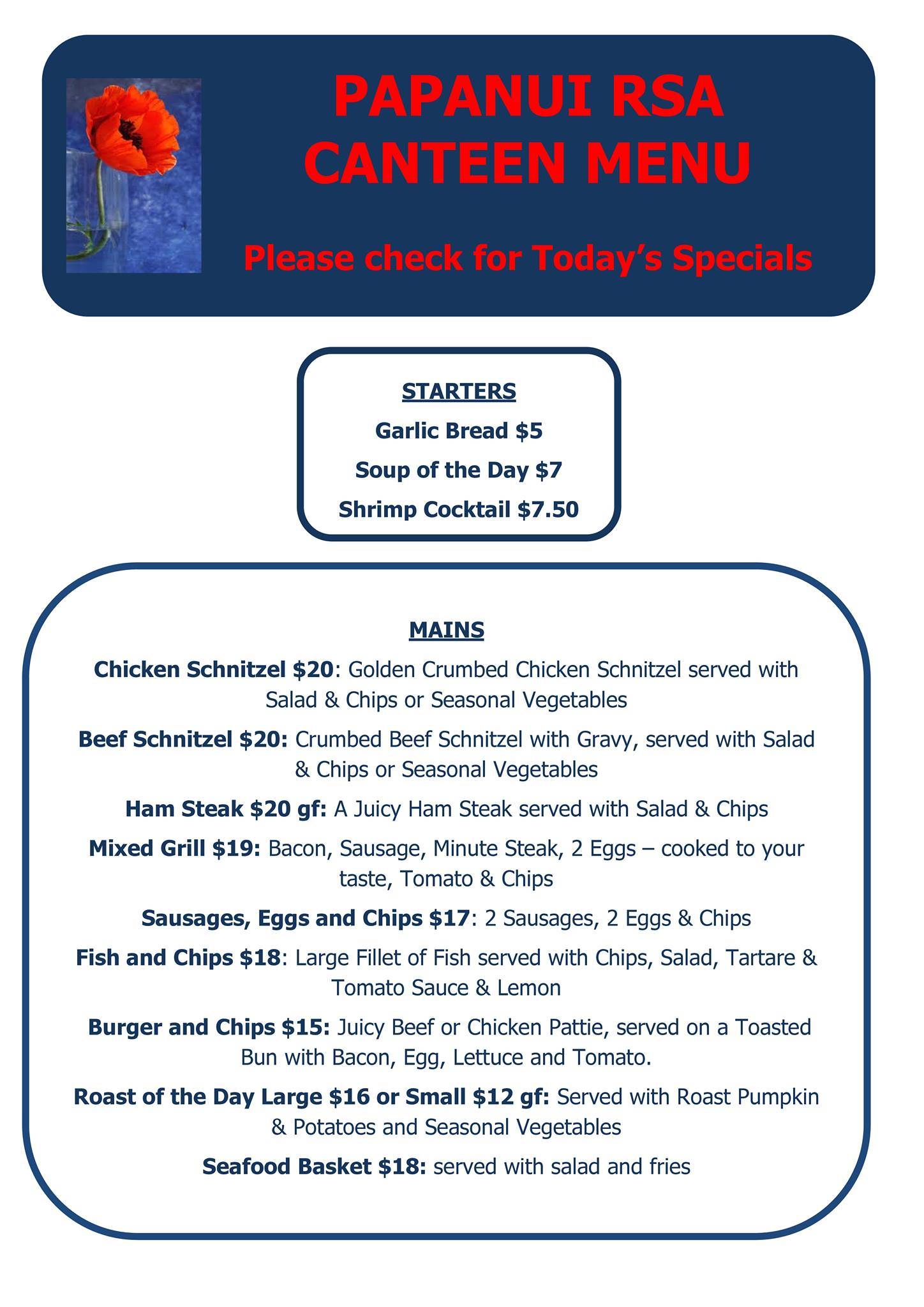 Menu at Papanui RSA Bar & Restaurant, Christchurch