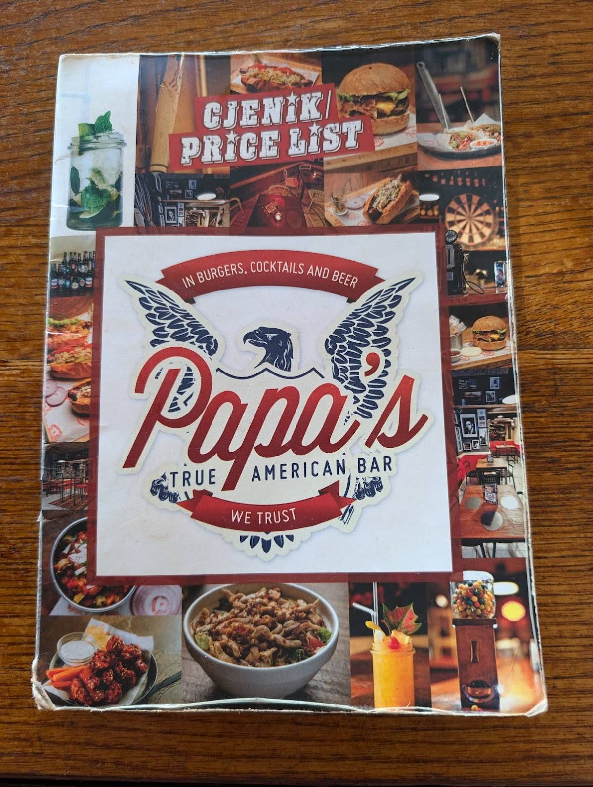 Menu at Papa's True American bar, Split