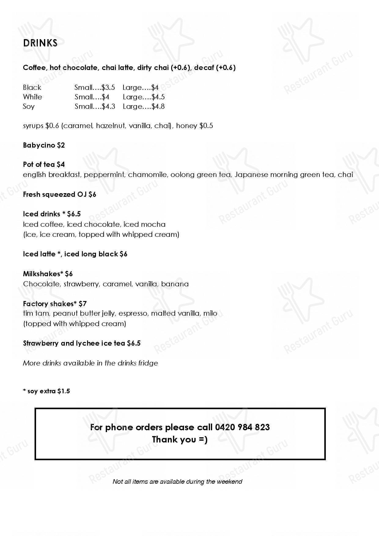 Menu at Paper Plane Factory Cafe, Girraween