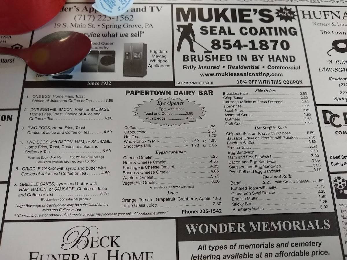 Menu at Papertown Dairy Bar & Restaurant, Spring Grove