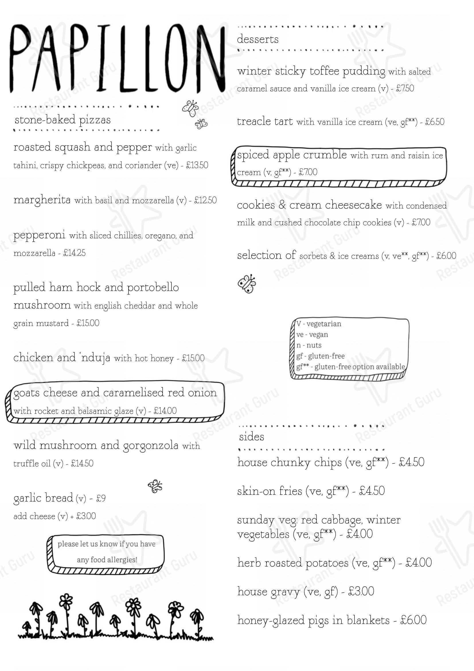 Menu at Papillon - Hope Street restaurant, Liverpool