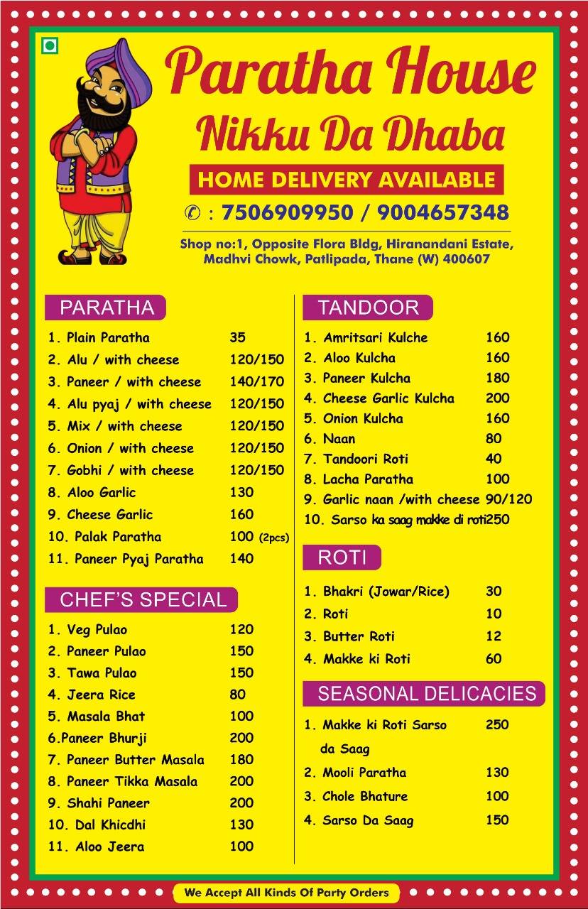 Menu at Paratha House Nikku Da Dhaba, Thane