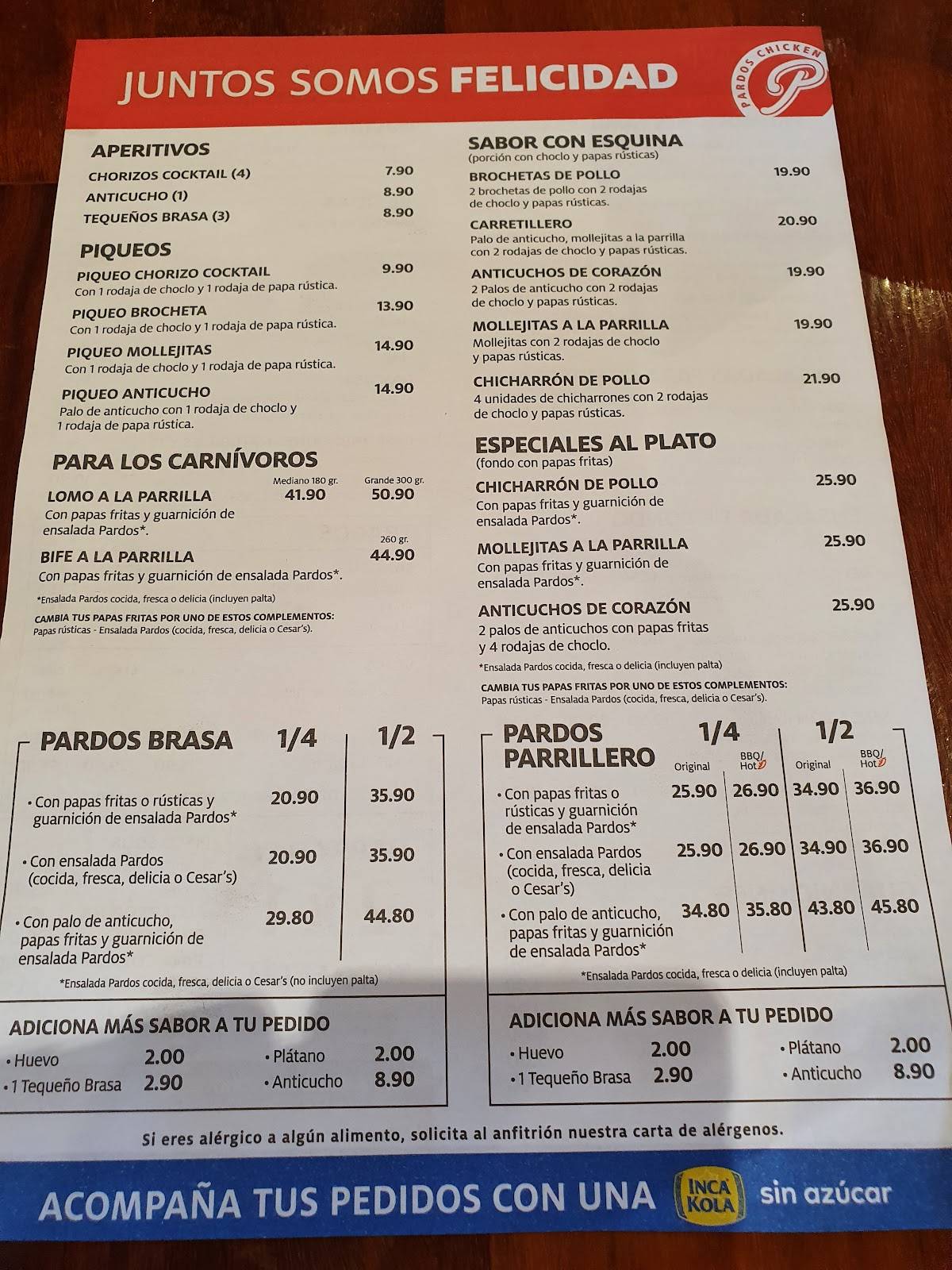 Carta del restaurante Pardos Chicken, Lima, Av. El Golf Los Incas 498 ...
