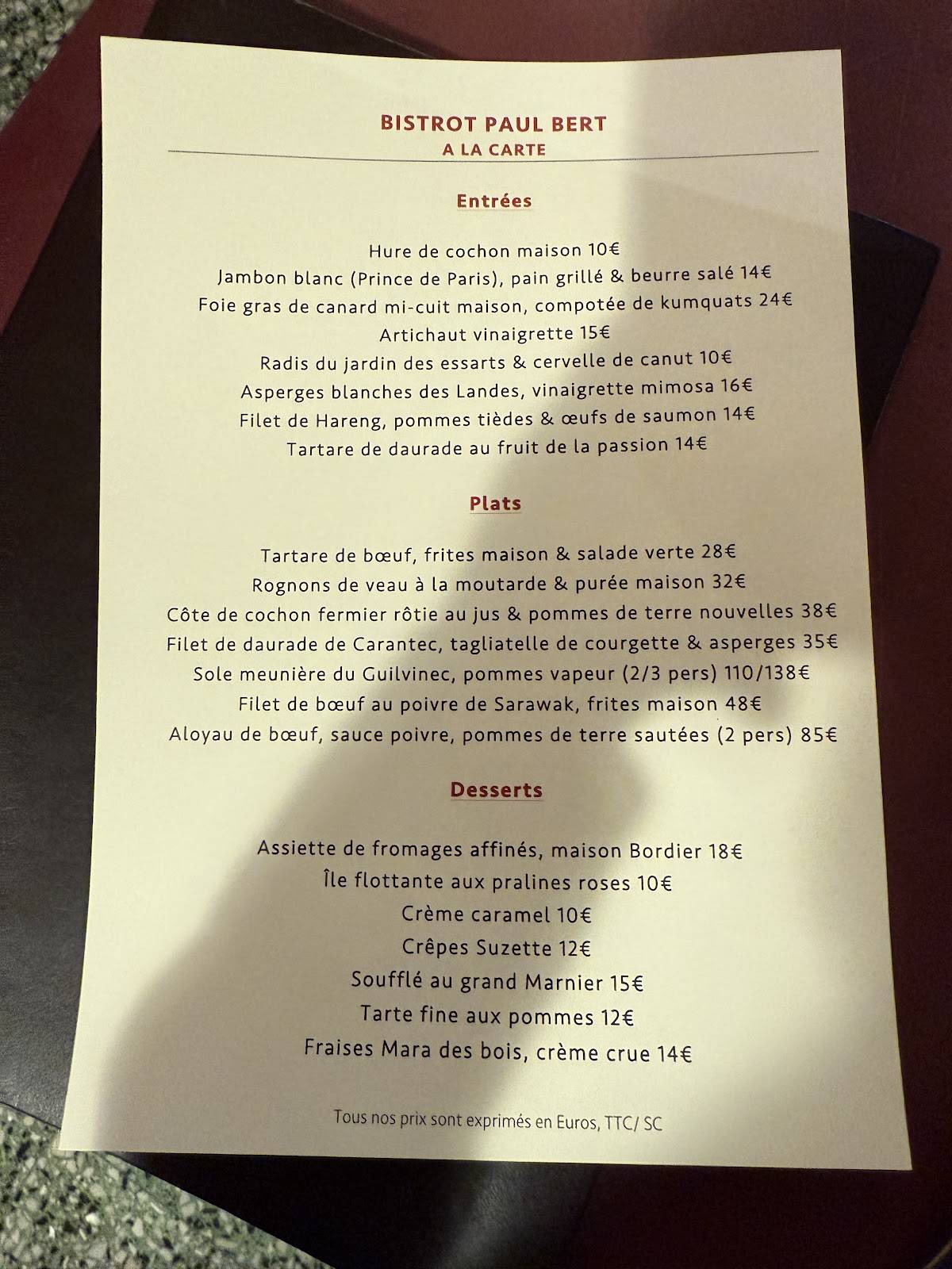 Menu at Bistrot Paul Bert restaurant, Paris