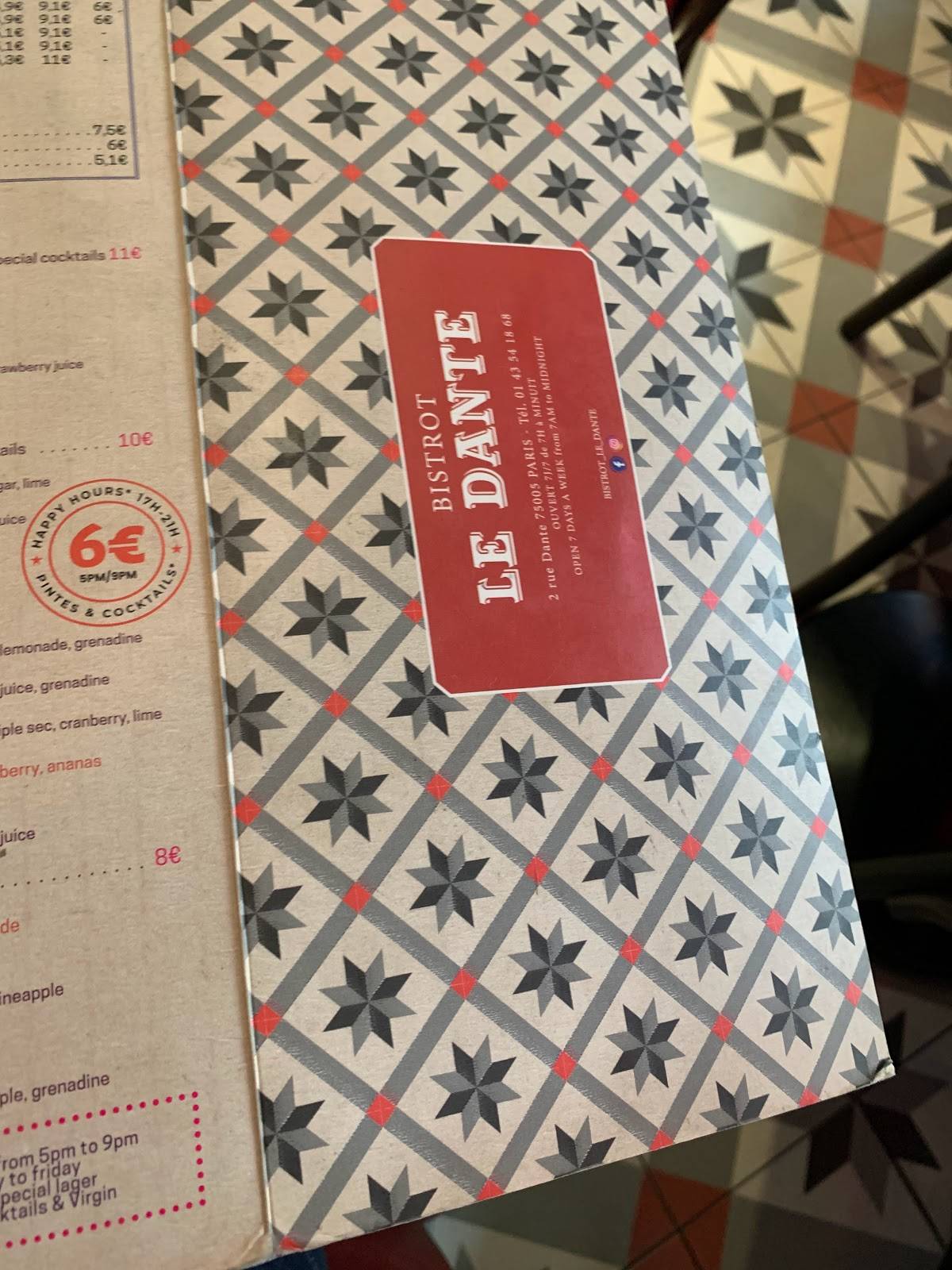 Carta del restaurante Le Dante, Paris