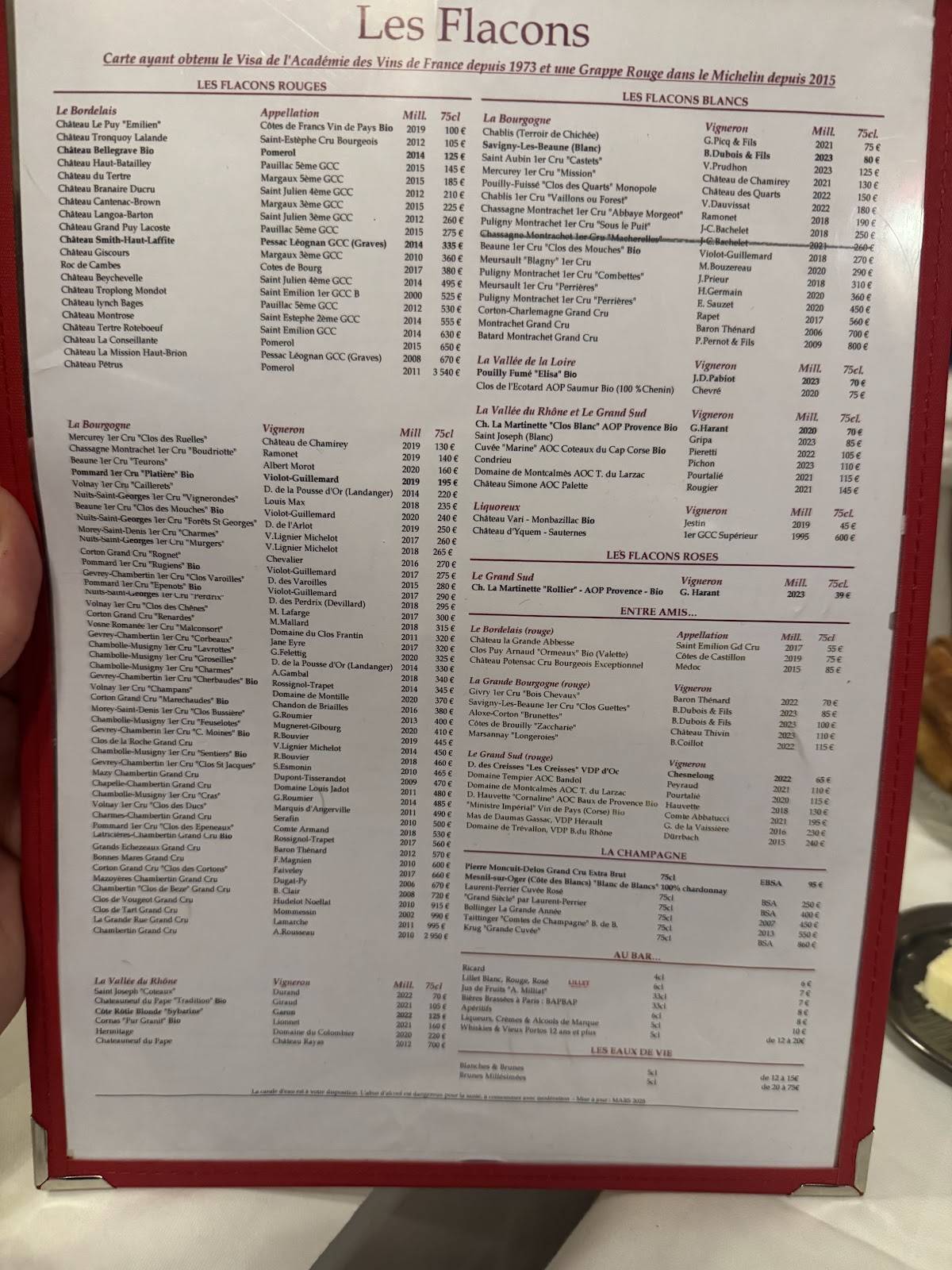 Menu au Chez Georges restaurant, Paris, 1 Rue du Mail