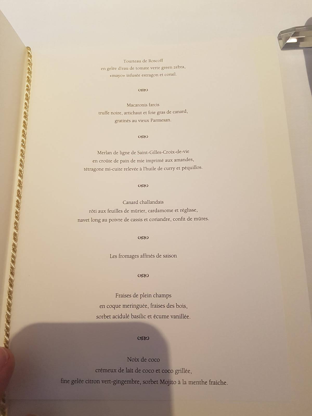 Menu at Epicure restaurant, Paris, 112 Rue du Faubourg Saint-Honoré